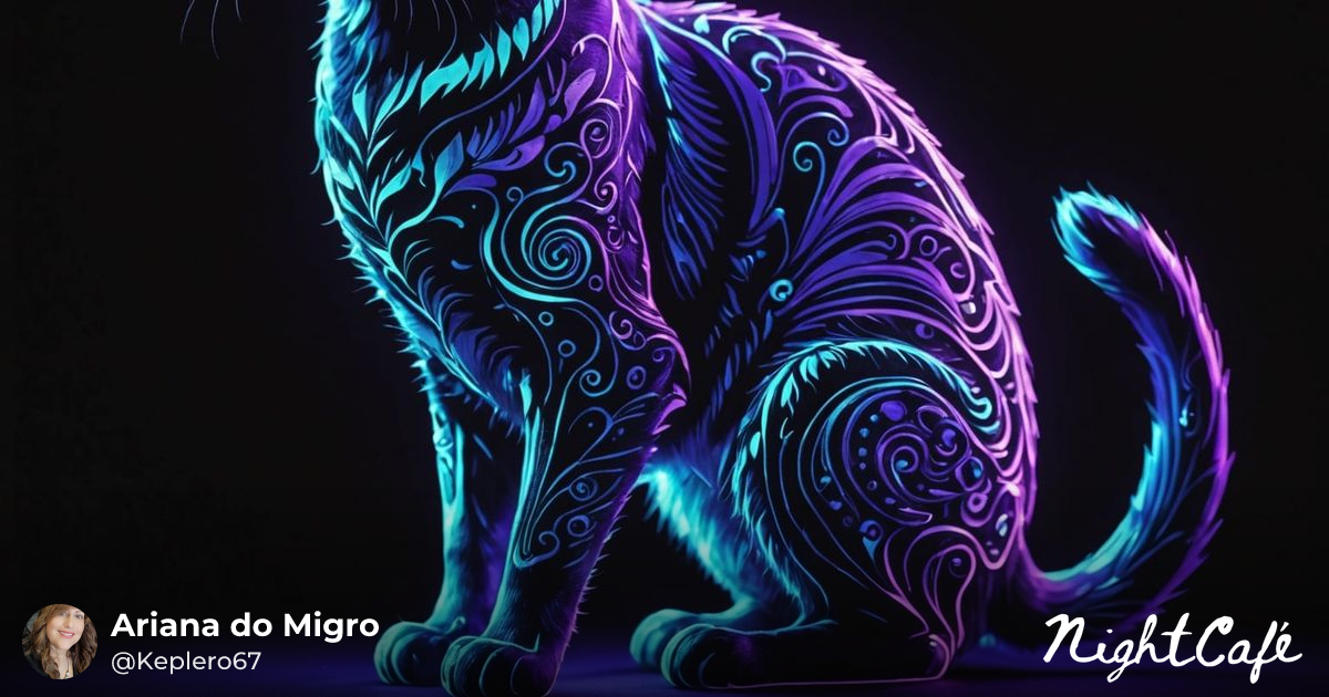 an elegant stylized cat shining under ultraviolet blacklight