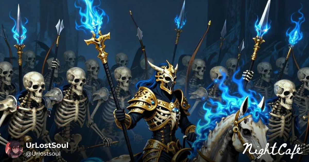 Dark Fantasy Knight on Skeletal Steed with Blue Fl... - AI Art