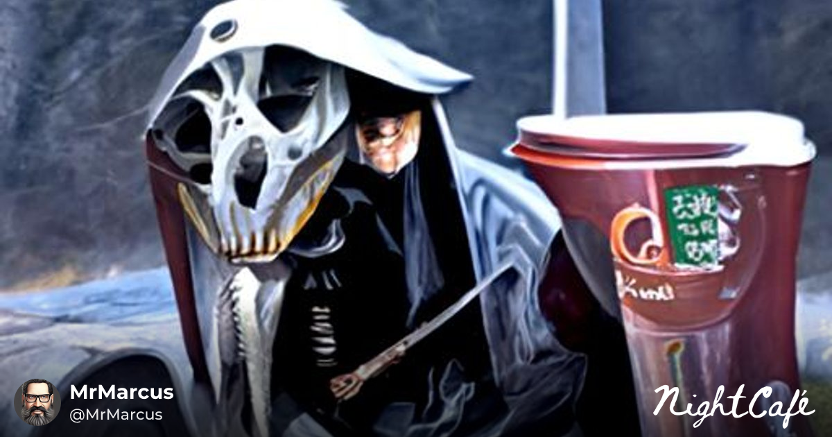 Grim Reaper drinking coffee at Starbucks