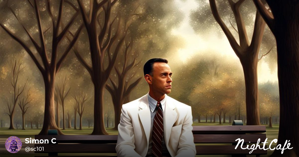 forrest gump sitting on a park bench in a white suit with a box of ...