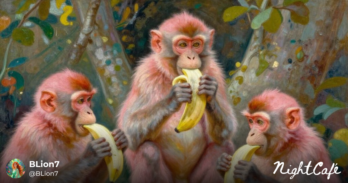 Infinite monkeys - Pink Monkeys Eating Bananas in Forest, To...