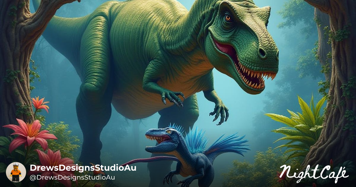 A t-rex chasing a raptor in a jungle