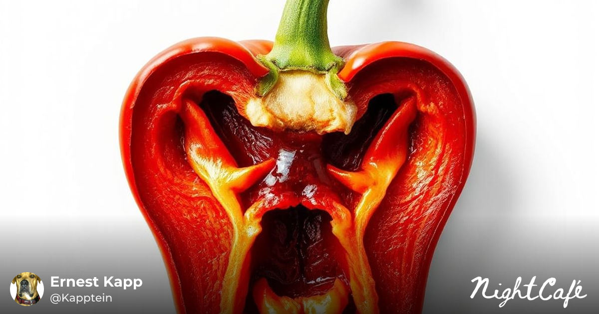 An open red pepper cut in half , looking like a screaming face , epic ...