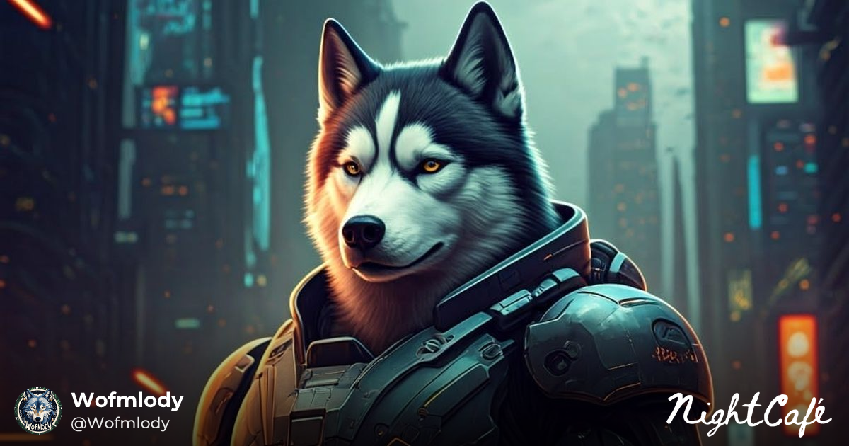 Cyberpunk Husky Soldier in Dystopian Battlefield - AI Art