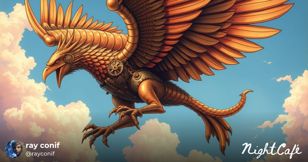Majestic Steampunk Griffin Soars Through Vibrant C... - AI Art