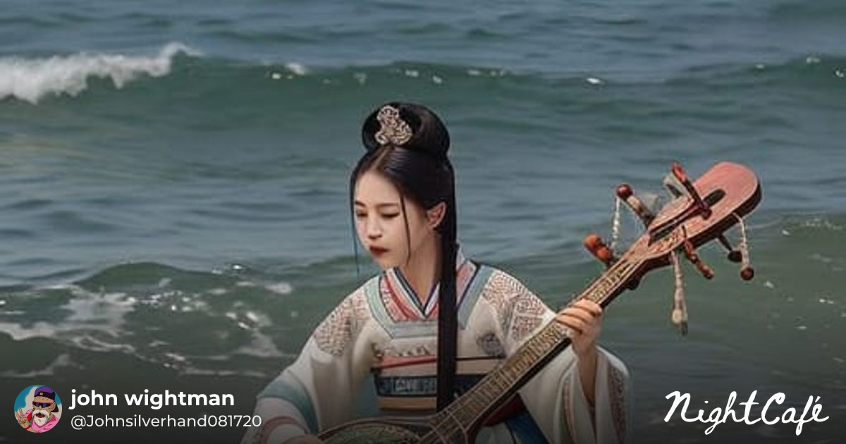 Elegant Chinese Woman Plays Biwa Amidst Serene Wav... - AI Art