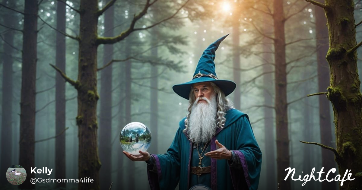 Wizard with crystal ball with unicorns in forest valley.