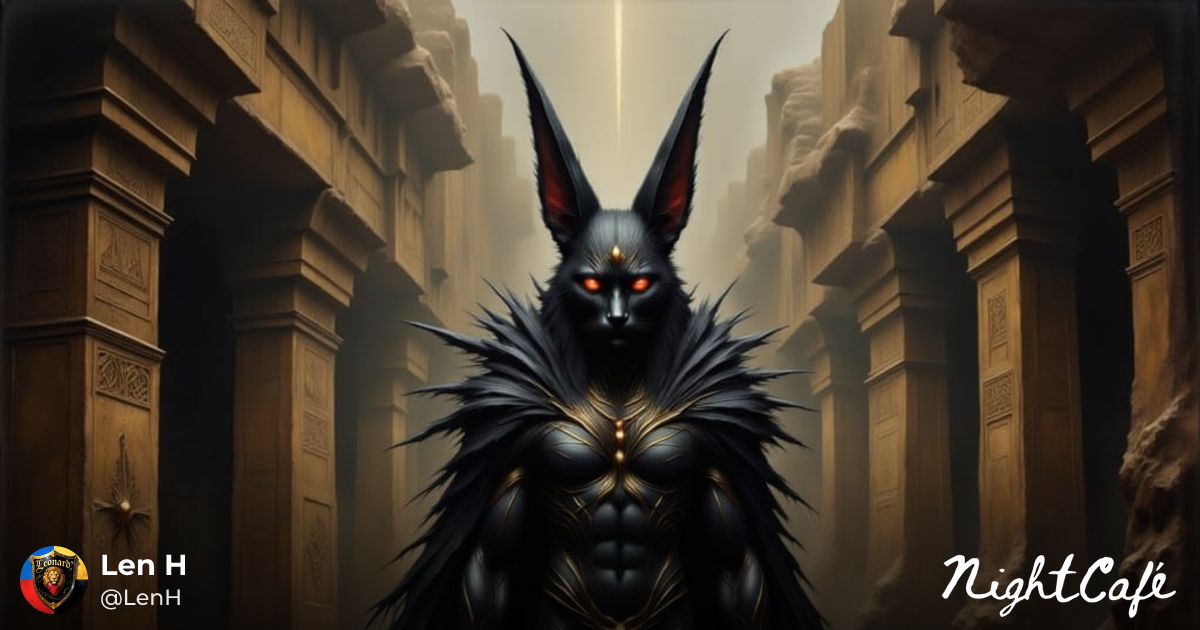 A tomb statue of the ancient Egyptian god Set, black fur, long triangular ears, blazing red eyes