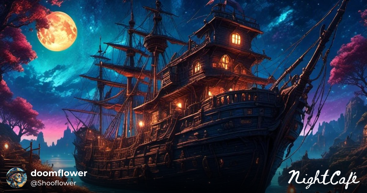 Gothic Pirate Harbor Under Galactic Night Sky - AI Art