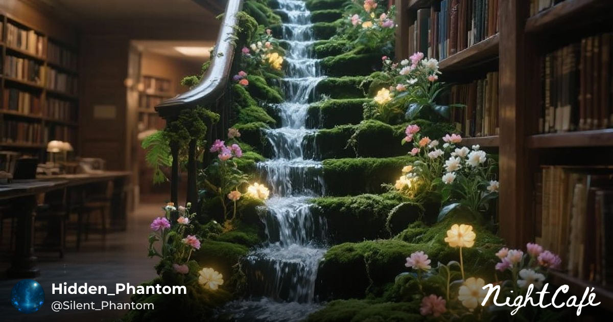 Magical Water Staircase in Enchanted Library - AI Art