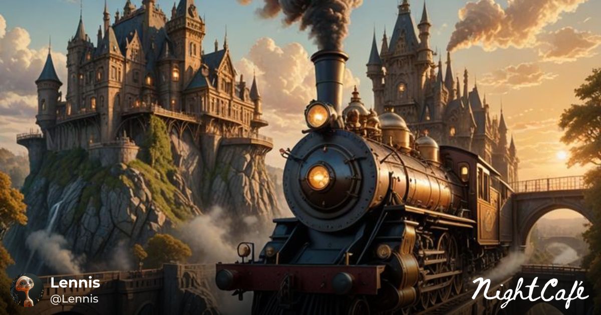 Steampunk Train Crossing Bridge in Golden Hour Oil... - AI Art