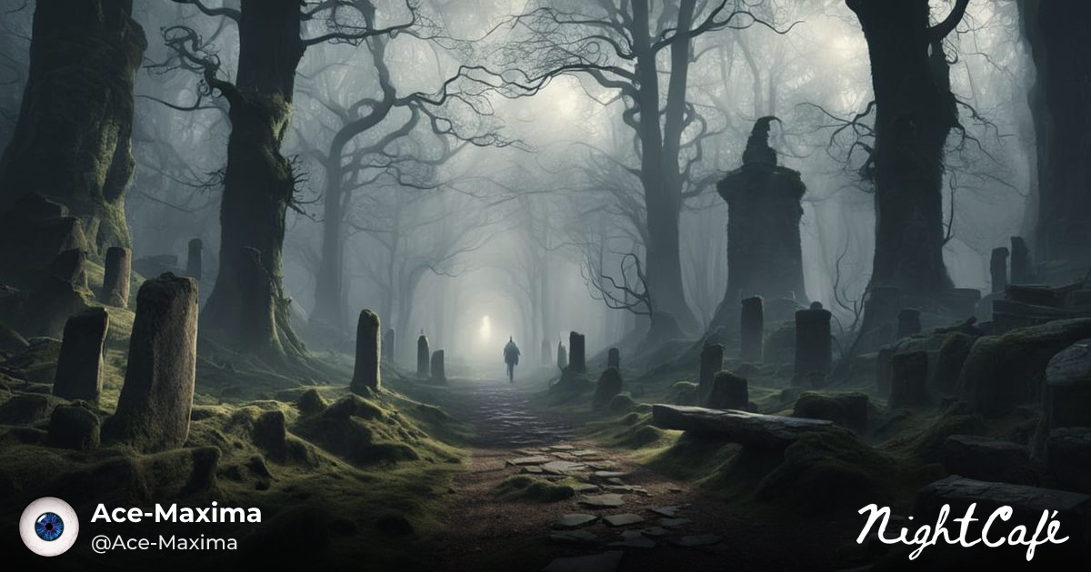 Ethereal Forest Path with Misty Stone Pillars - AI Art