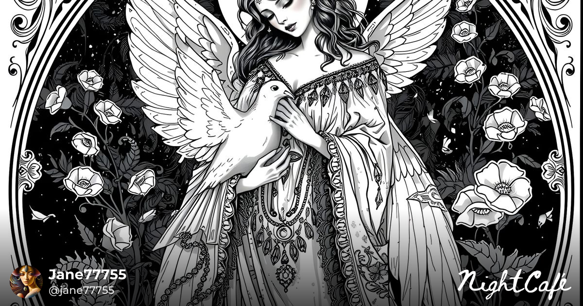 Dove Goddess with her Bird, Black and White Art Nouveau Style