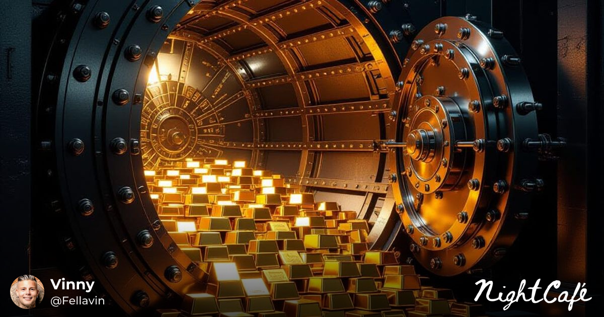 A colossal, intricately detailed Fort Knox vault, overflowing with gold bars, stands as a ...