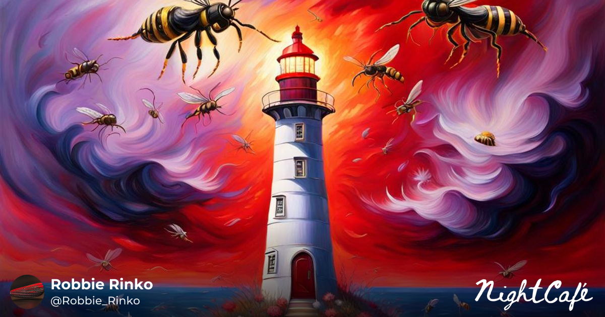 Wasps are chasing flowers in a lighthouse landscape..