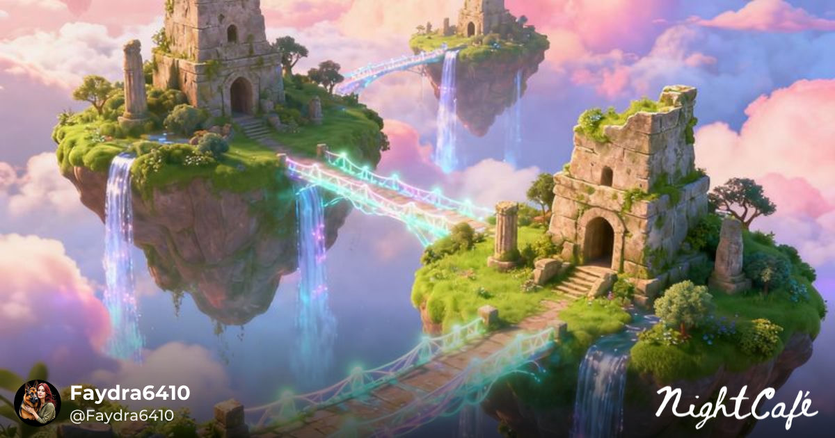 A cluster of lush, verdant islands float high in a... - AI Art