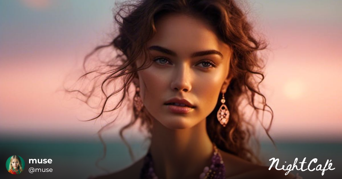 Bohemian Brunette at Golden Hour on the Beach - AI Art
