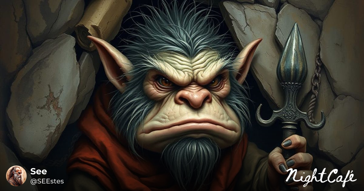 Grumpy Troll Guarding a Hidden Cave, Surreal Art - AI Art