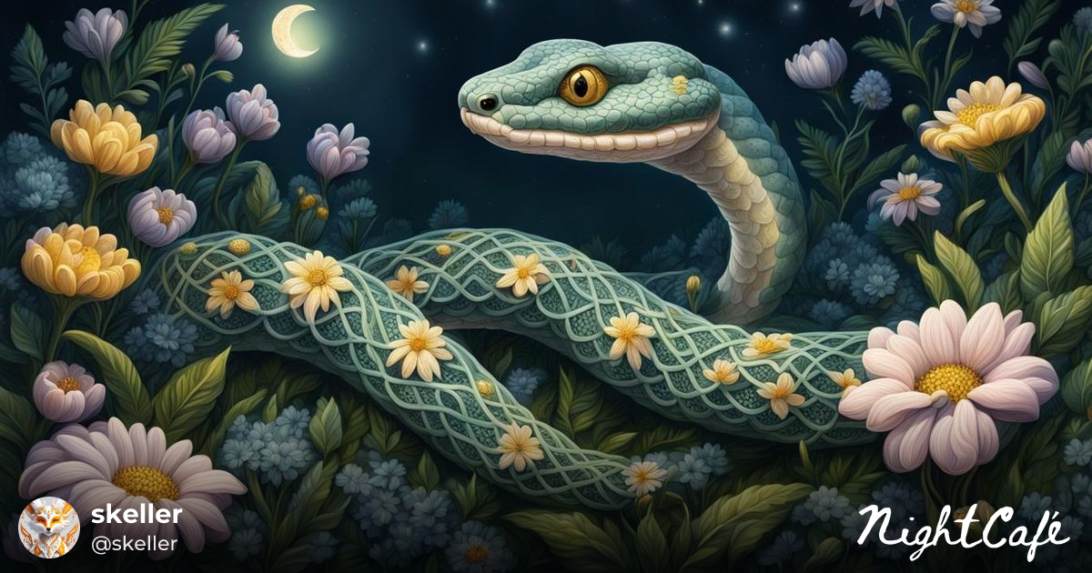 lace snake - Ornate Lace Snake in Moonlit Flower Jungle