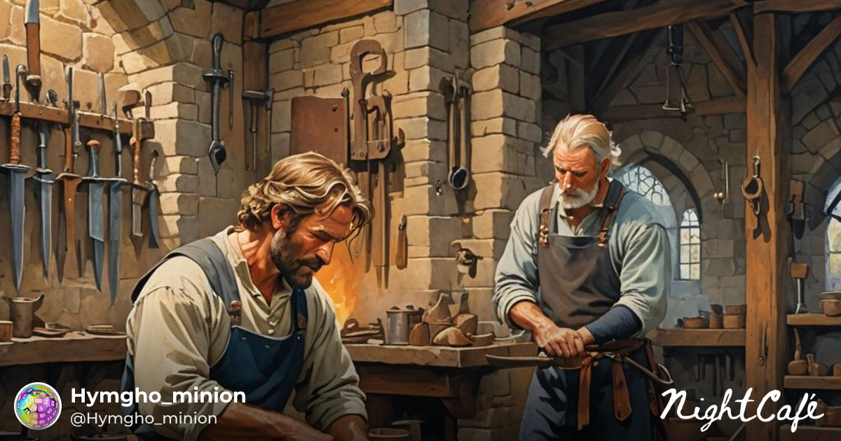 Medieval Blacksmith and boy apprentice making a sword, style of Michael ...