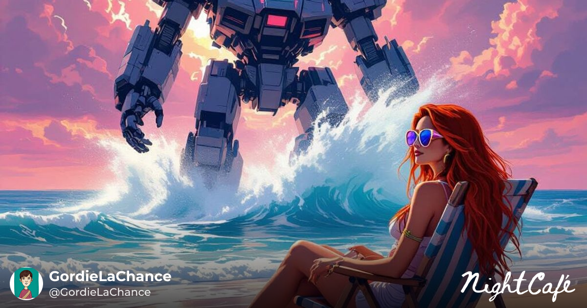 Beach Day - Mech Robot Emerges on Beach, Dramatic Illustrati...