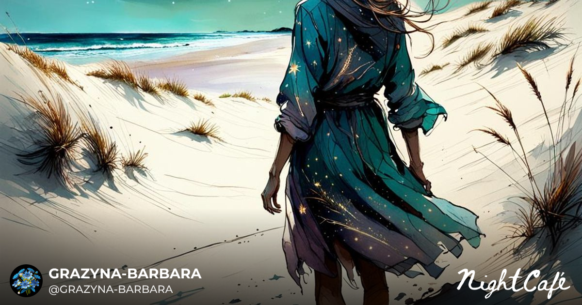 Woman stargazing on a vast beautiful empty windy beach, stars, moon ...