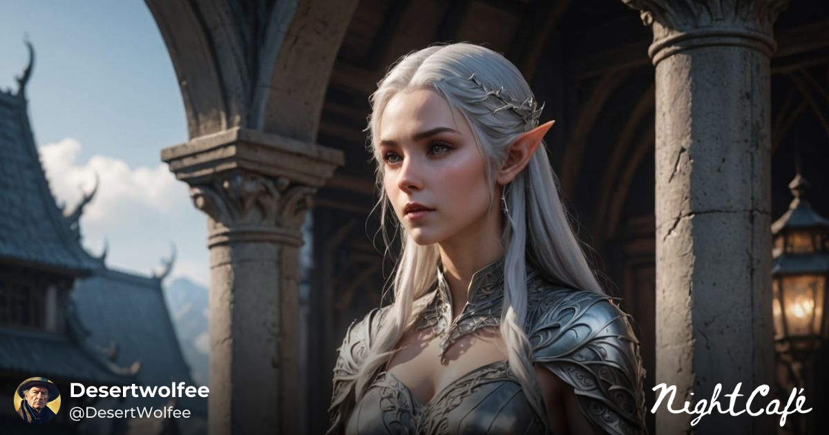 Elven maiden wearing a sheer gown standing on a balcony