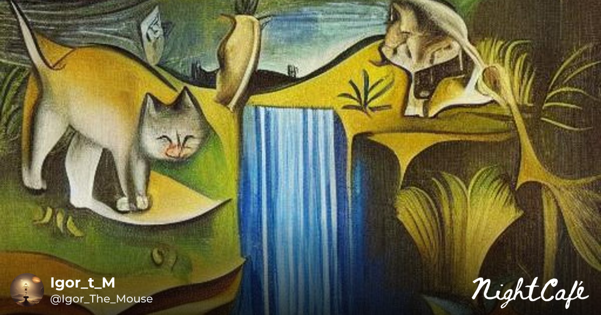 Surreal Cat Swimming in Waterfall, Cubism and Medi... - AI Art