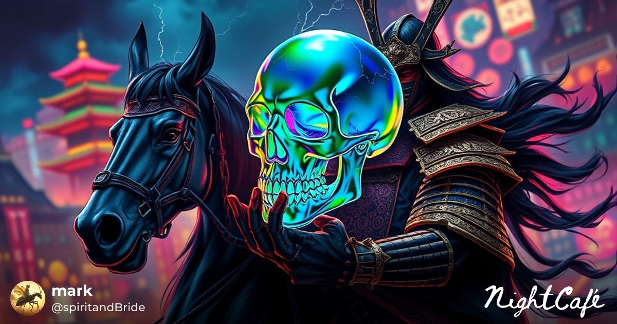 glass skull lightning within it. Sitting in a hand of a headless samurai on a horse