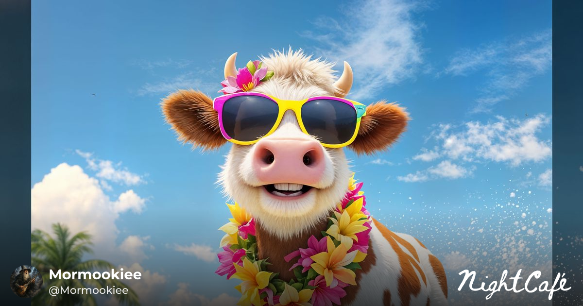 Cowabunga - Surfing Cow in Vibrant CGI Cartoon Style