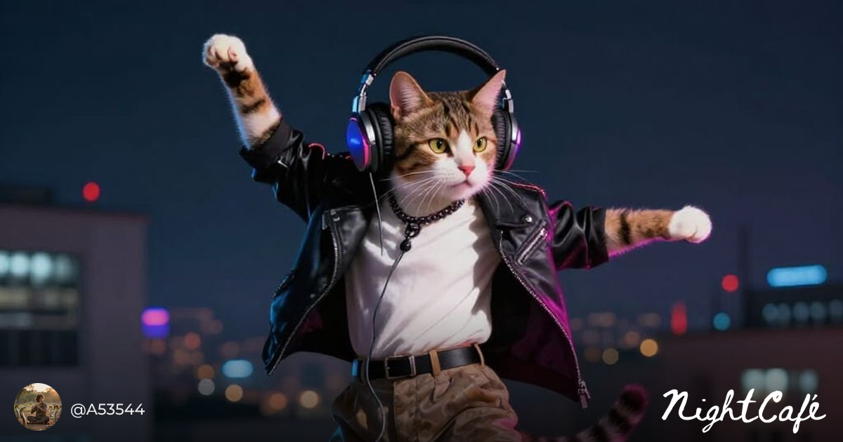 Cat Dancing with Headphones on Rooftop in Dramatic... - AI Art