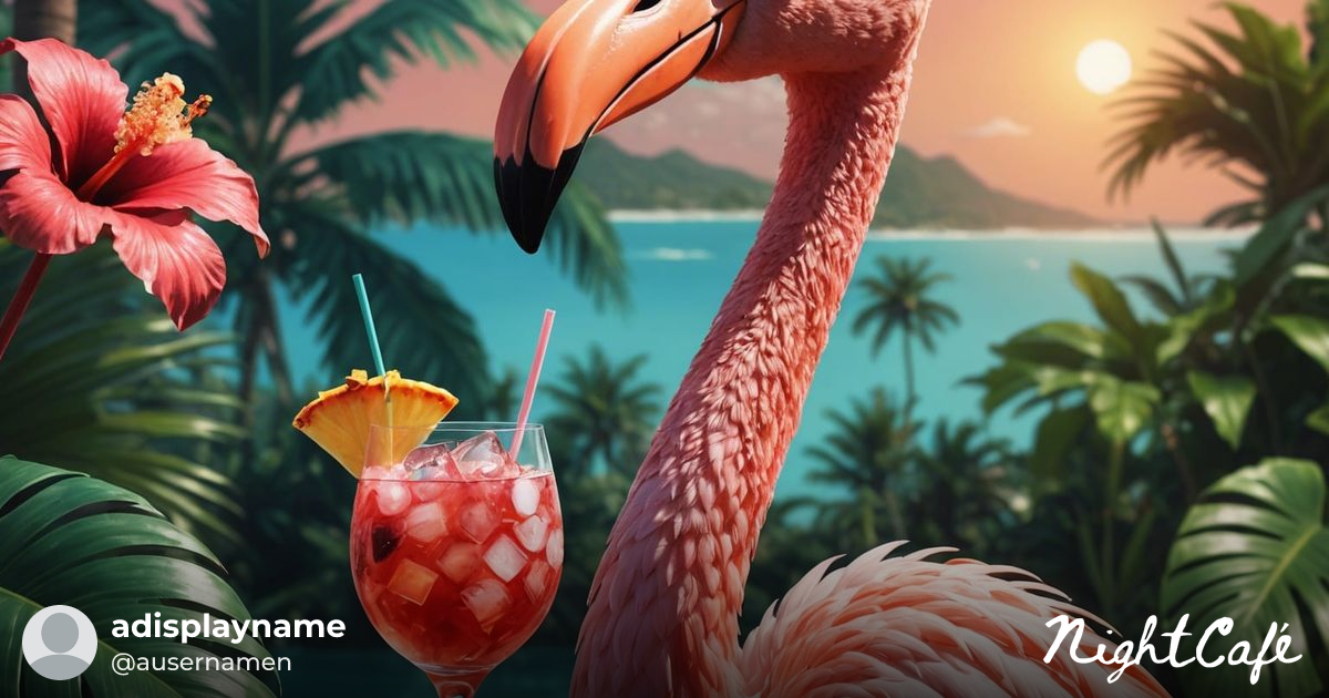 Quirky Flamingo Enjoys Cocktail in Fantastical Flo... - AI Art