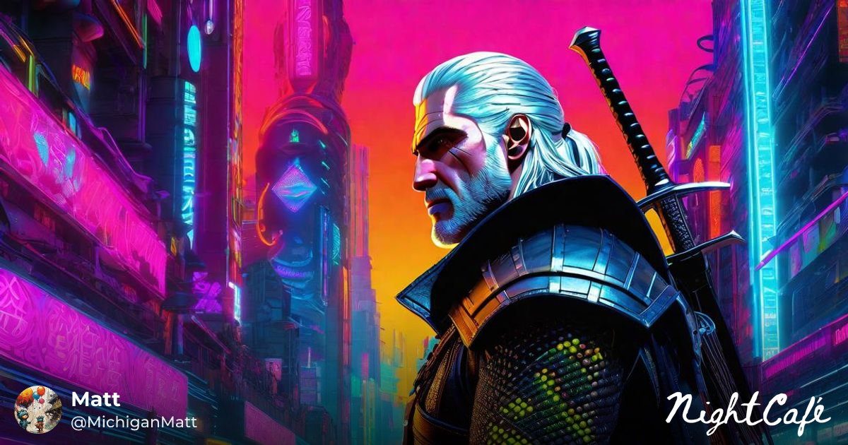Witcher in cyberpunk neon city - Geralt of Rivia in a Cyberp...