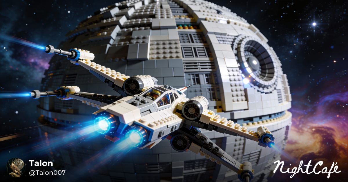 Lego X-Wing Flying Away from Lego Death Star