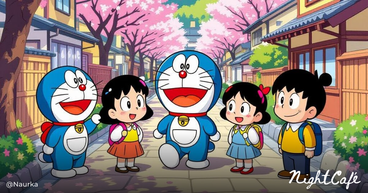 Doraemon and Friends in Japanese Suburb, Whimsical... - AI Art