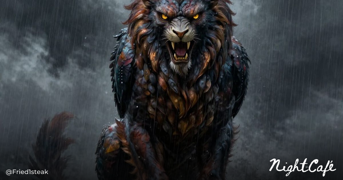 Angry Griffin in Dramatic Rainfall, Dark Fantasy S... - AI Art