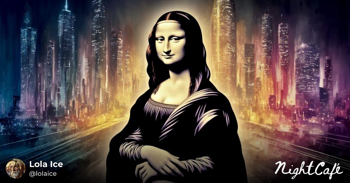 Leonardo da Vinci's Mona Lisa, reimagined in a futuristic cityscape
