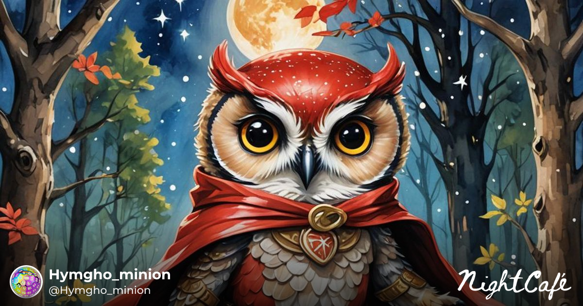 Cute chibi owl superhero wearing a red cape and a belt, in the woods ...