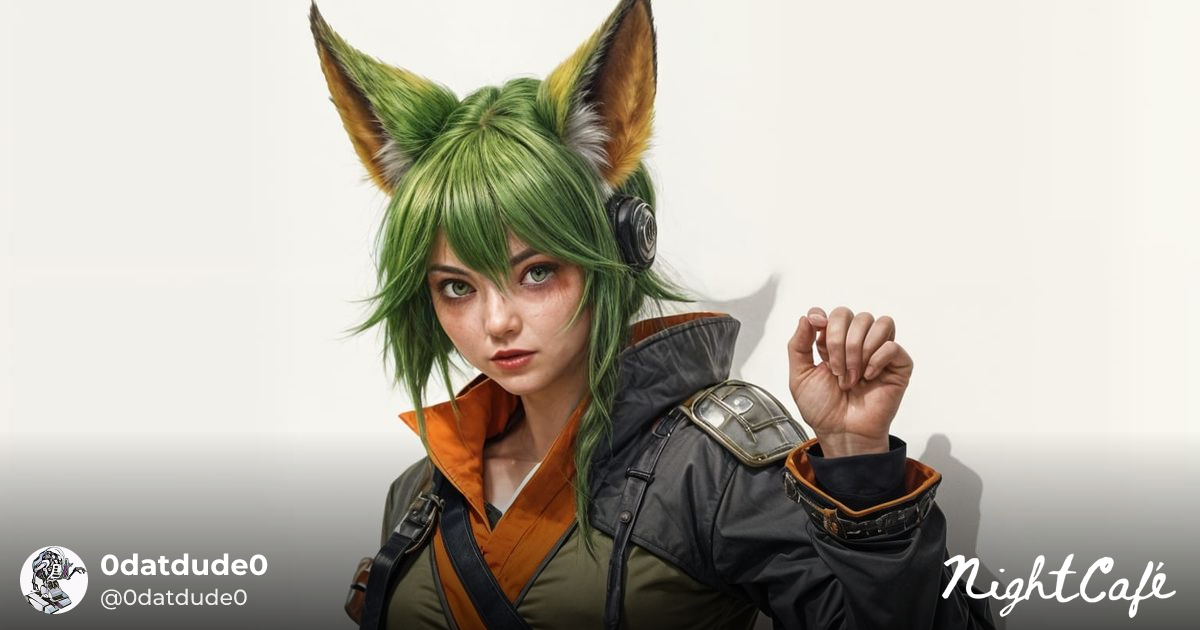 This image shows a confident young woman with bright green hair and fox ...