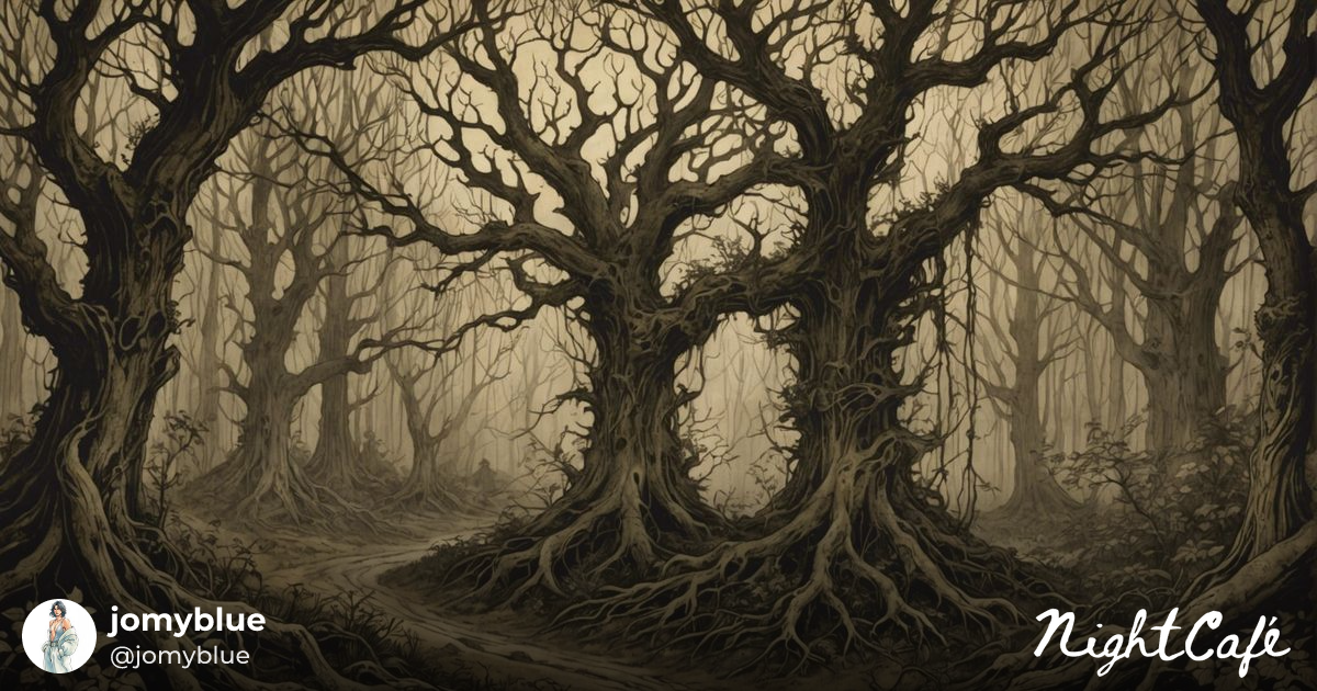 Art by Gustave Doré, Arthur Rackham, enchanted forest scene with a ...