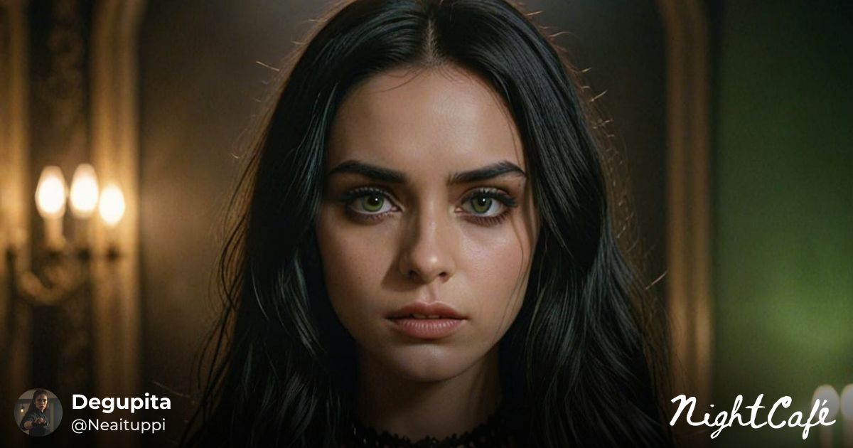 Young female with long black hair, dark hairy eyebrows, bright glowing ...