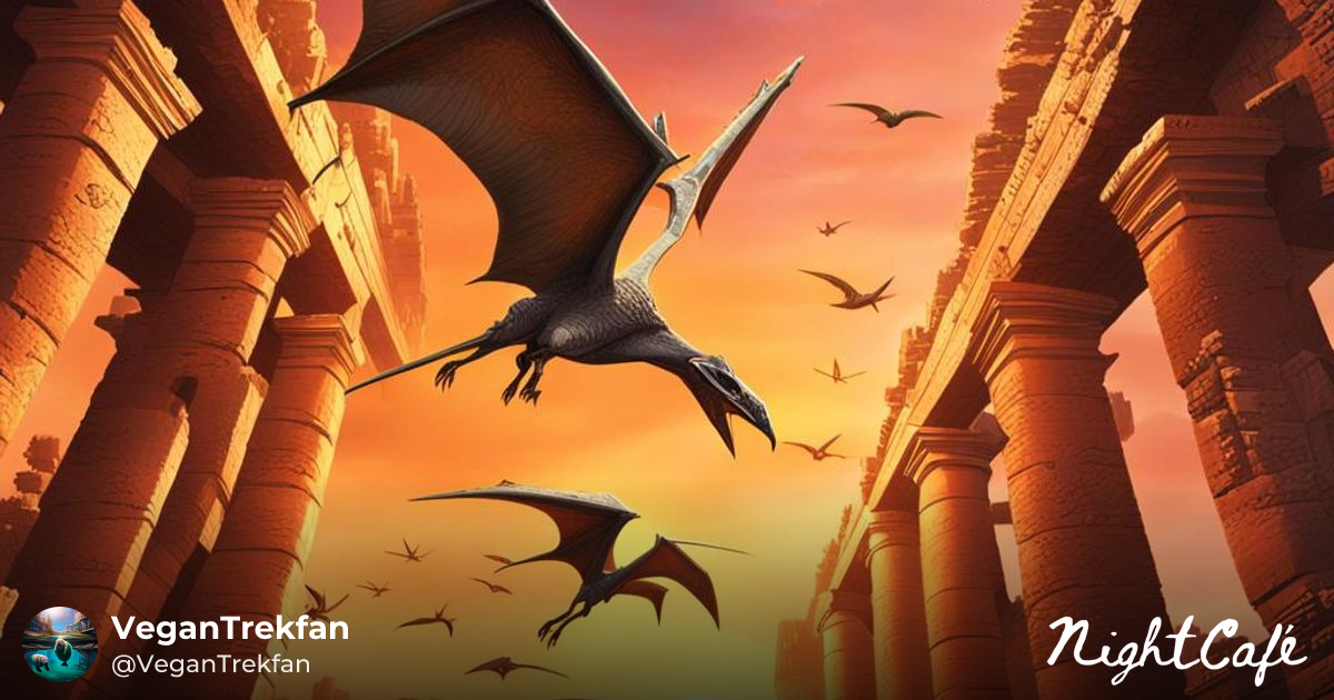 Pterodactyls Soar Over Ancient Ruins at Sunset - AI Art