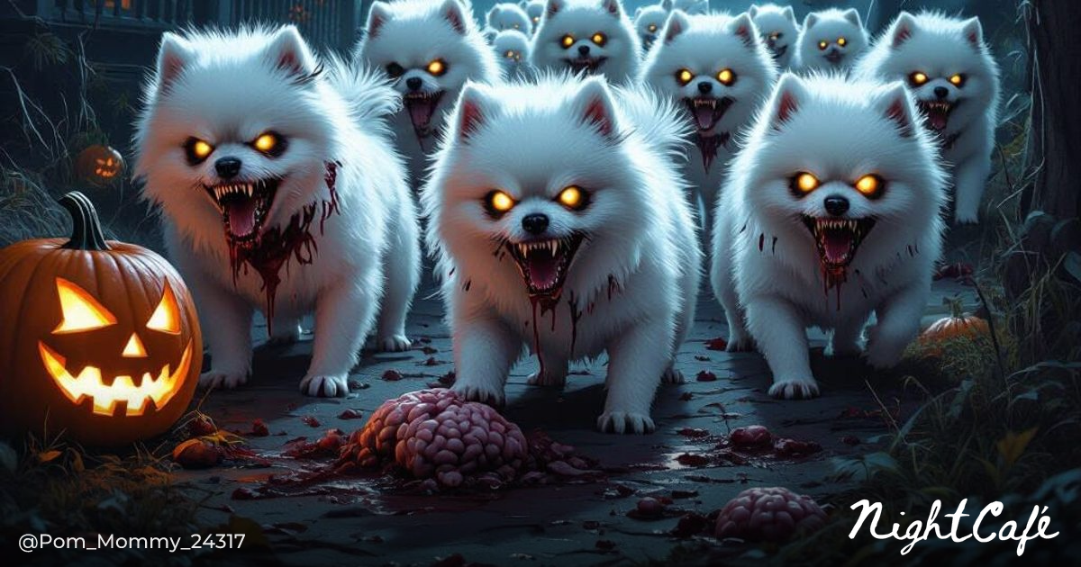 Mutated Pomeranian Zombies on Spooky Halloween Nig... - AI Art