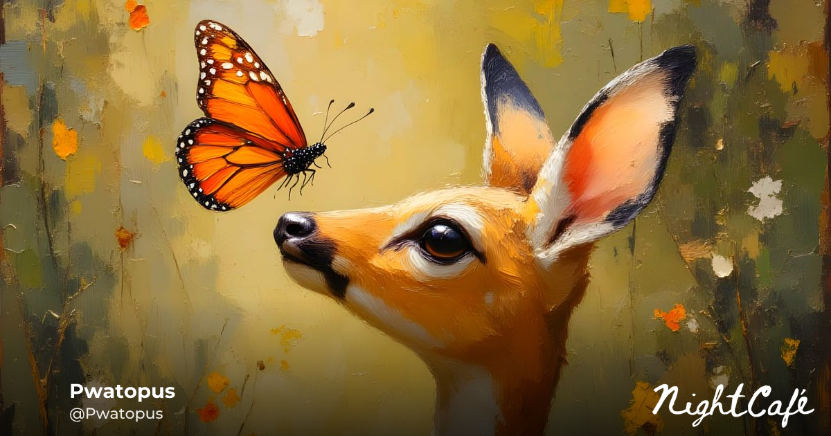 Fawn - Dreamy Fawn Portrait with Butterfly in Impasto Style