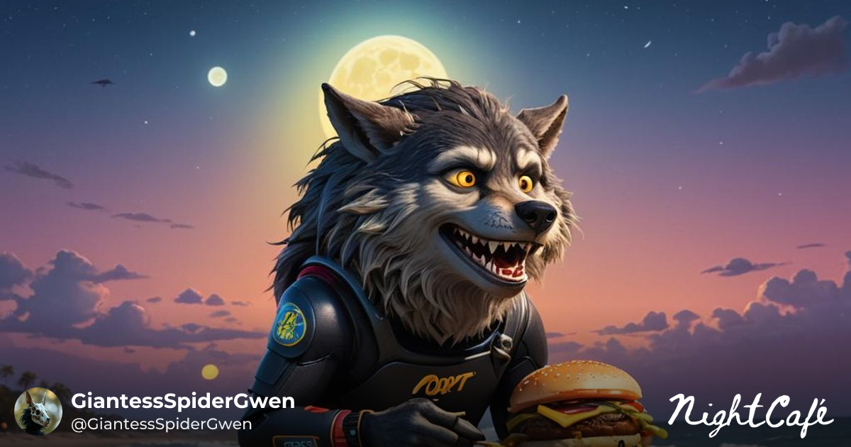 Werewolf Surfer Enjoying Burger Under Full Moon - AI Art