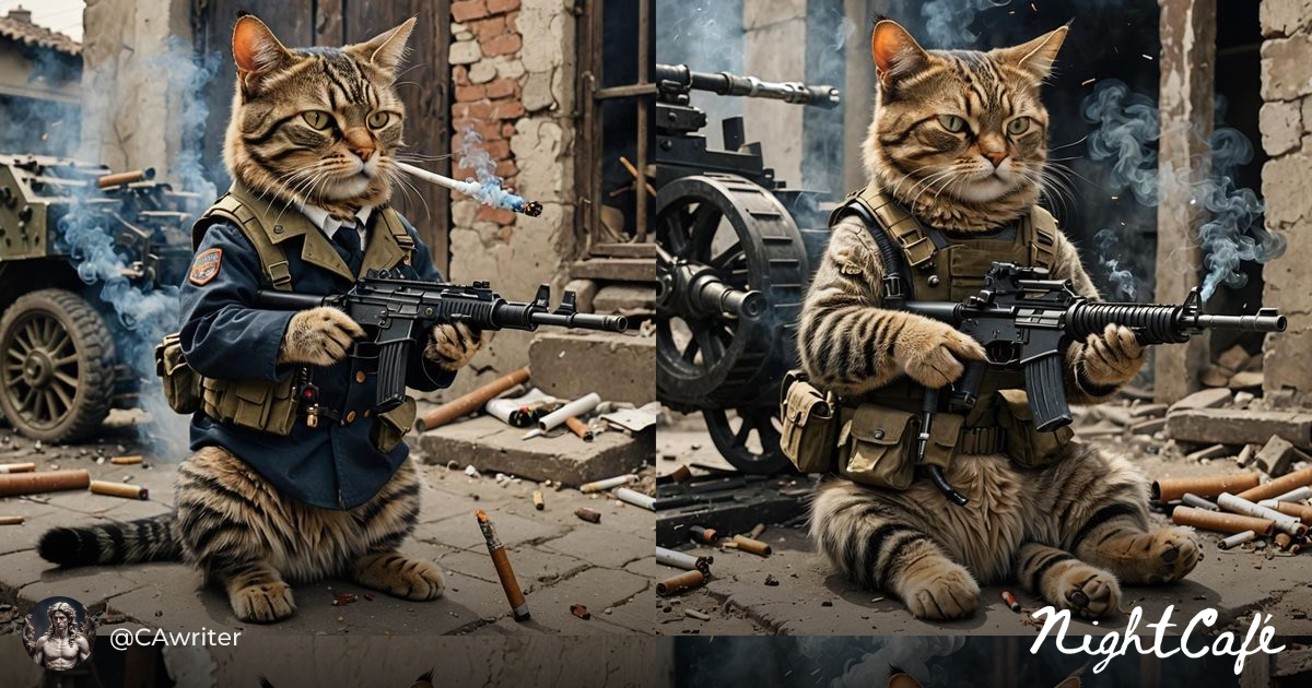 A cat firing a machine gun while smoking a cigarette