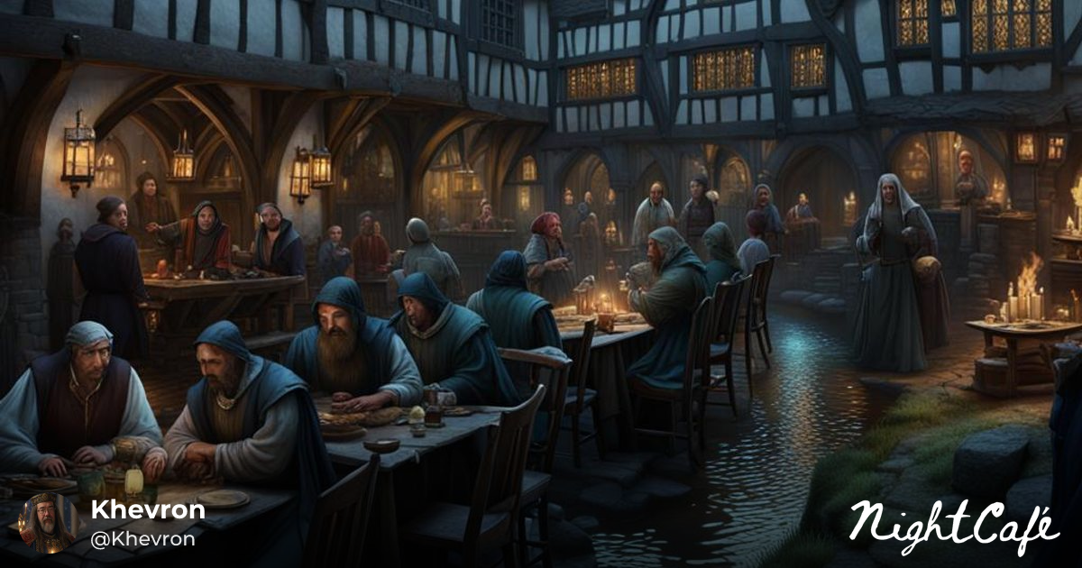 Lively Tudor Inn Scene by a Stream - AI Art