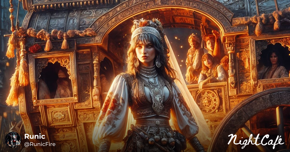 female gypsy warrior stands defiantly in front of her elaborately ...