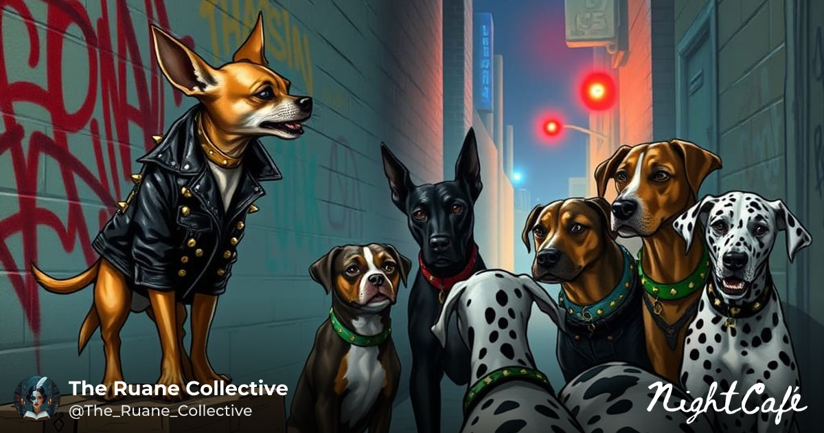 Cartoon Dog Gang – Chihuahua Leader Confronts Crew in Graffiti Alley