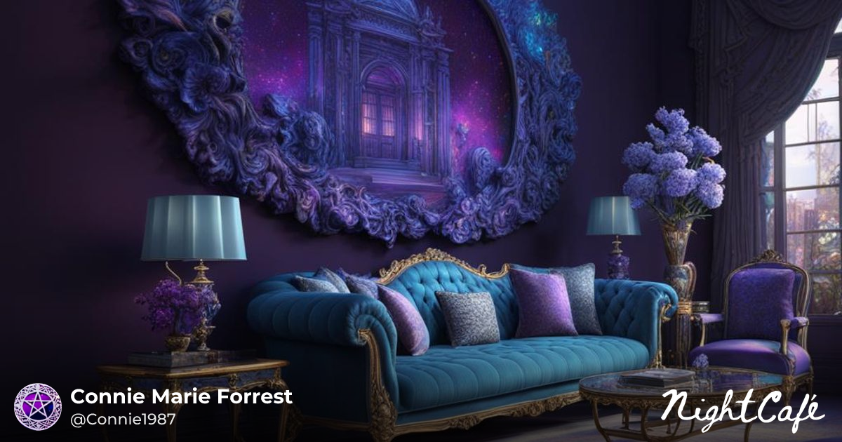 Eccentric eclectic living room with shimmery blue walls with purple holographic accents with ...